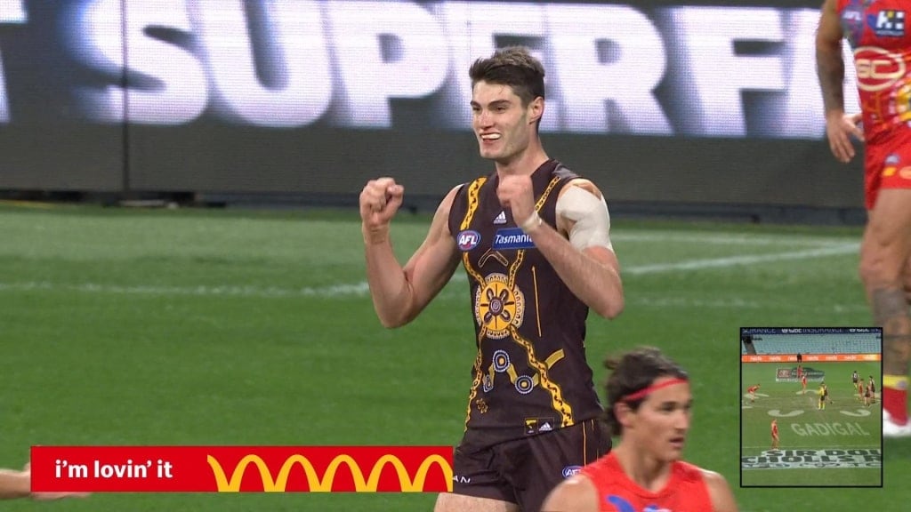 Hawks ruckman kicks his first AFL goal