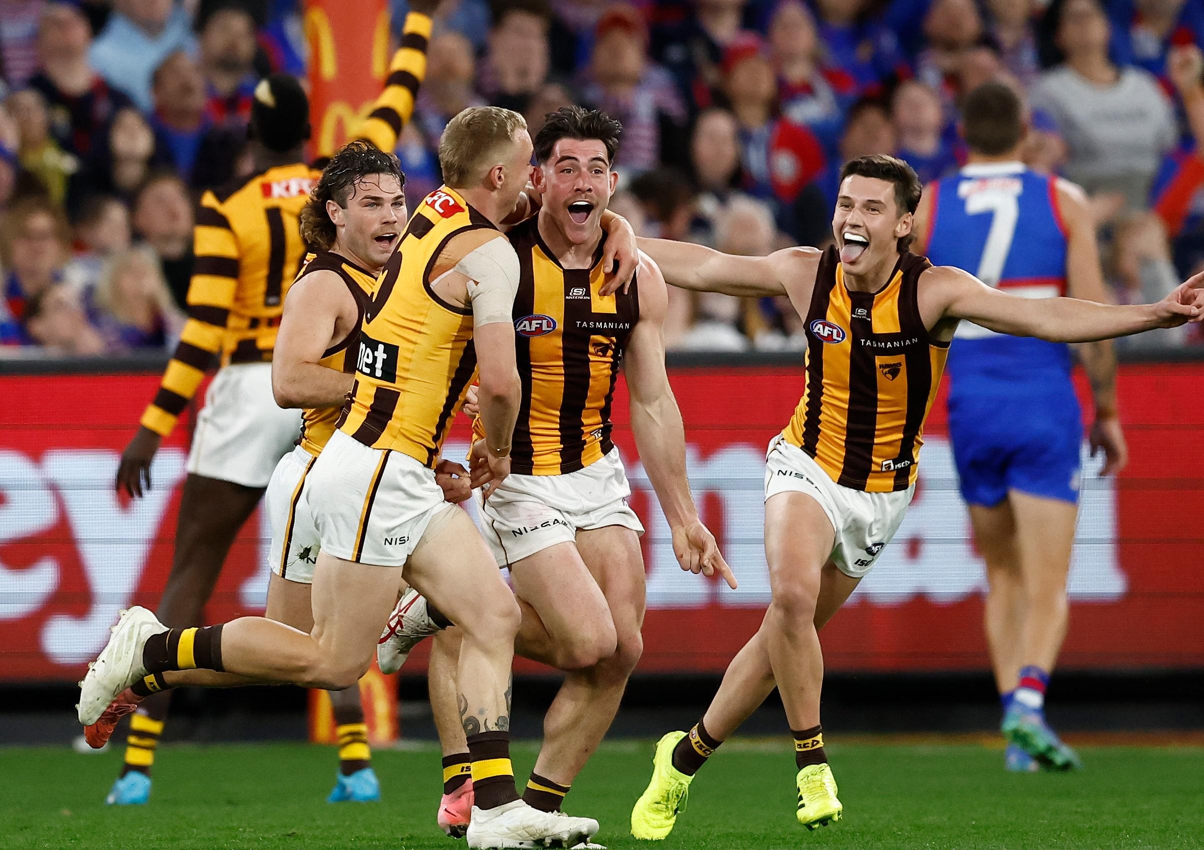 Brown and gold, gold, gold! Hawks down Dogs, into semis
