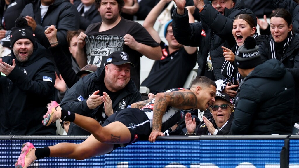 Bobby celebrates with Magpie Army after crazy karate kick