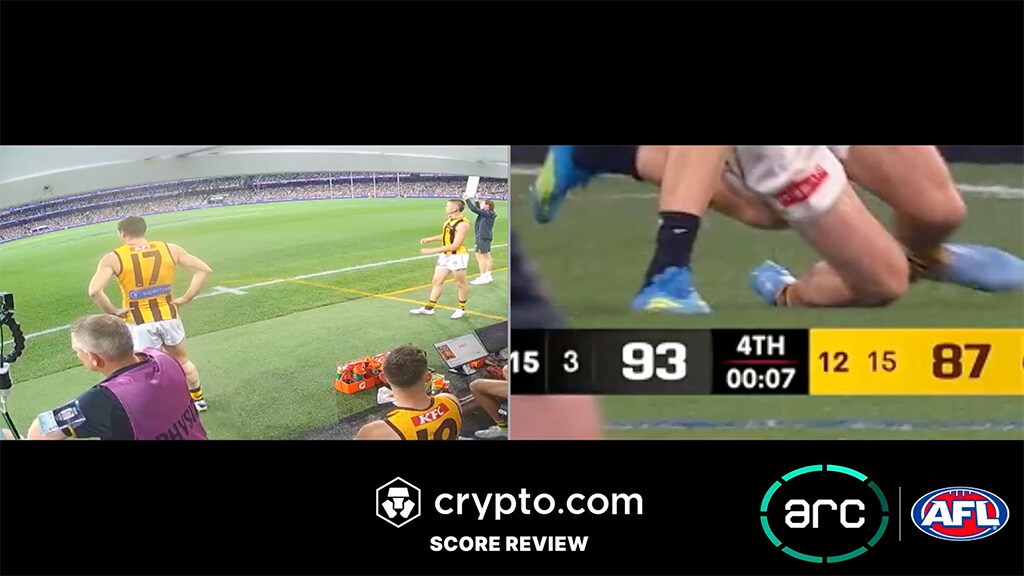 Split screen of late stages of Hawks v Pies game